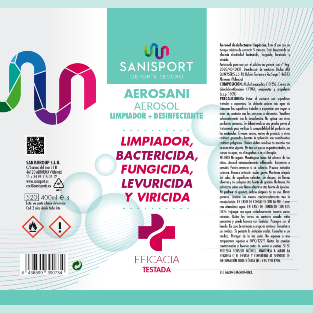 SPRAY DESINFECTANTE DE SUPERFICIES - AEROSANI 400Ml - Sanis.